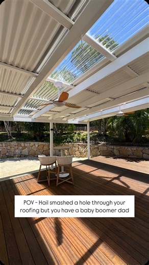 Renée | renovations + organisation + cleaning on Instagram: "How we replaced our clear corrugated roofing on our patio after hail smashed a hole through one. If the audio is too fast, just comment PATIO and I’ll send you written instructions, including a list of the exact products and tools we used 🛠️ #patio #patiomakeover #roofing #diy #diyrenovation"