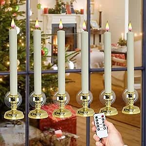 Wondise Flameless Window Candles with Remote & Timer Christmas Decoration, 11 Inches Battery Operated 3D Wick with Purple Yellow Light, 6 Pack Gold Plastic Holder and Suction Cups Included