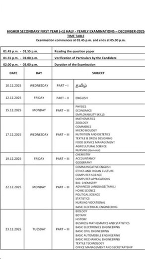 11th&12th half yearly Examination time table -2025