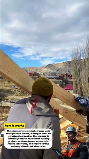 Power Chainsaw Cutting Large Timber Beams for Roof Framing