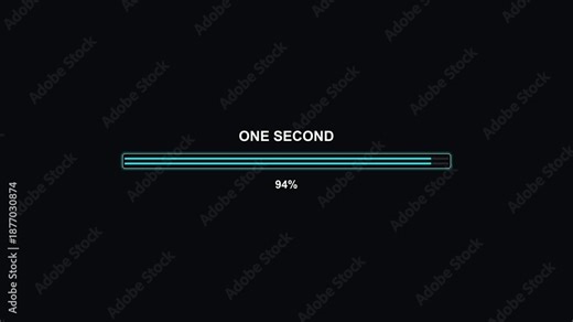 Progress bar loading animation indicating completion in one second with 100 percent full status