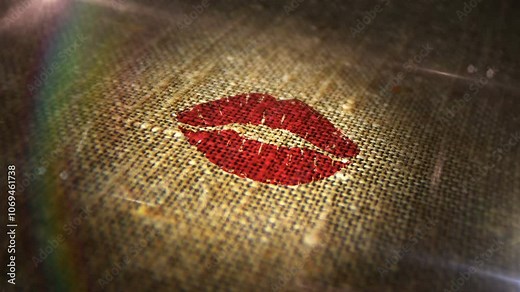 Lips love kiss sign stamp on natural linen sack. Romantic lipstick xoxo 3D design abstract concept. Looped and seamless animation.