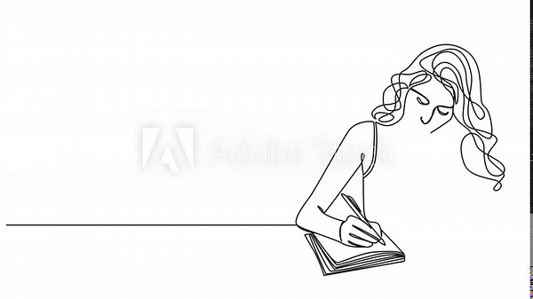 animated continuous single line drawing of woman taking notes in journal or diary, line art animation
