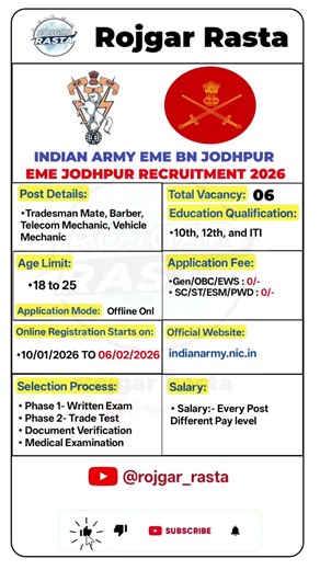 आर्मी EME भर्ती 2026 जल्दी देखे | New Vacancy 2026 | Rojgar Rasta