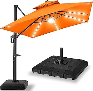 Best Choice Products 10x10ft Cantilever Patio Umbrella w/Base Included, Solar LED Lights 360 Rotation Large Offset Hanging Outdoor Shade for Deck Pool Backyard w/Stand – Orange