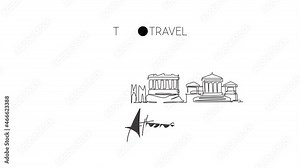 Animated self drawing of one continuous line draw Athens city skyline, Greece. Beautiful landmark. World landscape tourism travel vacation poster art. Editable full length single line animation.