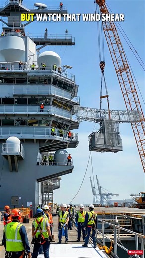 Erecting the towering superstructure on a modern naval