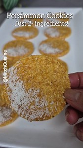 Persimmon Cookies Just 2-Ingredients! Ingredients: 2 medium ripe persimmon 7-8 tablespoon schredded coconut 2 Tablespoon water-optional Procedure: Place the cut persimmon in a blender and mix into puree. Transfer in bowl and add the schredded coconut and mix well. Shape the mixture in a parchment paper. Preheated the oven. Bake at 180 celcius degree for 15-20 minutes until the edges get slightly brown in color. Let it cool down. Brush one side with maple syrup or dark melted chocolate just optio