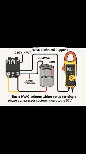 A basic HVAC voltage wiring setup for a single-phase compressor system, including a contactor, capacitor, and multimeter. The contactor receives 240V input (yellow and blue wires) and distributes power to the compressor and start capacitor. The compressor is connected via three terminals: "Common," "Run," and "Start." The capacitor assists with the initial torque needed to start the compressor motor by connecting to the "Start Winding." A clamp meter is shown reading 240V to verify voltage at th