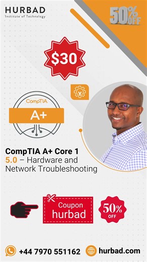 CompTIA A Core 1 – 5.0 – Hardware and Network Troubleshooting waa koorso lagu baranayo cilad bixinta iyo xeeladaha la adeegsado marka wax la cilad bixinayo, cutubyada ay ka kooban tahay koorsadan waxaa kamid ah APPLY TROUBLESHOOTING METHODOLOGY, TROUBLESHOOT POWER AND DISK ISSUES, TROUBLESHOOT SYSTEM AND DISPLAY ISSUES 🛒Hadda Dalbo: https://hurbad.com/courses/comptia-a-core-1-5-0-hardware-and-network-troubleshooting/ 📱WhatsApp: https://wa.me/447970551162 Mahadsanid Libaax/Libaaxad | Hurbad Ins