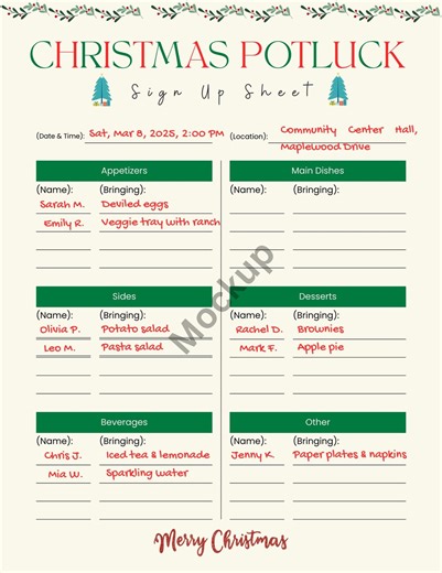 Christmas Potluck Sign up Sheet Holiday Party Planner Event Meal List Office Gathering Organizer Festive Food Signup Template - Etsy