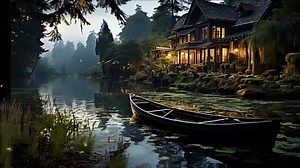 Lake, Sunset, Bateau, Forest