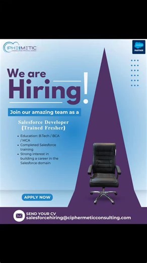 Salesforce Jungle on Instagram: "We’re Hiring Salesforce Developers (Trained Freshers) Join our growing team and kickstart your career in the Salesforce ecosystem. If you have completed Salesforce training and are passionate about building solutions, we’d love to hear from you. Position: Salesforce Developer (Trained Fresher) Qualification: B.Tech / BCA / MCA 📩 Apply Now: salesforcehiring@ciphermeticconsulting.com #WeAreHiring #SalesforceHiring #SalesforceDeveloper #FreshersHiring #TrainedFresh
