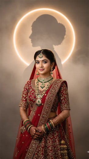 Men on Instagram: "Prompt 📍 Create a highly realistic bridal portrait of the woman from the reference image. Her face must match 100% — identical facial structure, expressions, eyes, nose, lips, eyebrows, hairline, and overall appearance. She is wearing a traditional red bridal lehenga with intricate gold embroidery, heavy jewelry with green stones, bridal bangles, mehendi on both arms, and a maang-tikka. She stands gracefully with her hands clasped. Background Update (as requested): Behind her