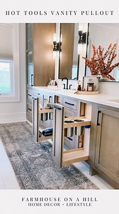 This hot tools pull out was a must for our bathroom. I love that our electrical outlets are hidden and I’m able to throw my hot tools in there to cool off and I don’t need to keep them out on the counter. Follow @farmhouseonahill for more home build tips! . . . #modernfarmhouse #homebuildingjourney #homebuildtips #bathroomdesign #bathroomvanity HomeDecorInspo | InteriorStyling | CozySpaces | HomeGoals | DesignInspiration | ModernFarmhouseDecor | NeutralHome | HomeAesthetic |BudgetFriendlyDecor |