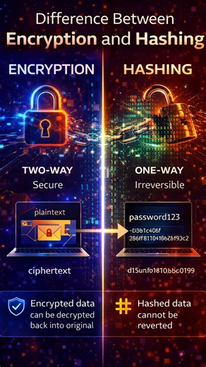 Cyberwings Security on Instagram: "Encryption vs Hashing 🔐 Many people think encryption and hashing are the same — but they’re NOT. 👉 Encryption is reversible and used to protect data during storage or transmission. 👉 Hashing is one-way and mainly used for password security and integrity checks. In this reel, I’ve explained: ✔ Key differences between encryption and hashing ✔ Real-world cybersecurity use cases ✔ Why hashing is preferred for passwords ✔ How attackers exploit weak implementation