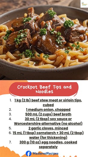 11K views · 53 reactions | When I made this Crockpot Beef Tips and Noodles, it instantly became a family favorite! Tender, melt-in-your-mouth beef simmered in a rich, savory gravy all served over buttery noodles. Pure comfort food, made easy. Just dump, cook, and enjoy that slow-cooked goodness without lifting a finger. | Mastered Recipes | Facebook