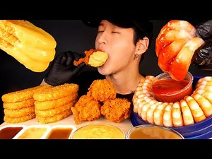 ASMR MUKBANG CHEESY HASH BROWNS & SPICY FRIED CHICKEN & SHRIMP COCKTAILS (No Talking) EATING SOUNDS