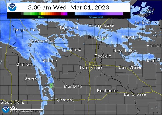 Good morning! Here's radar loop from 3AM-4AM that shows the band of snow across central Minnesota moving eastward towards Wisconsin. This burst of snow will lead to slick conditions for the morning commute. Please drive slowly. | US National Weather Service Twin Cities Minnesota