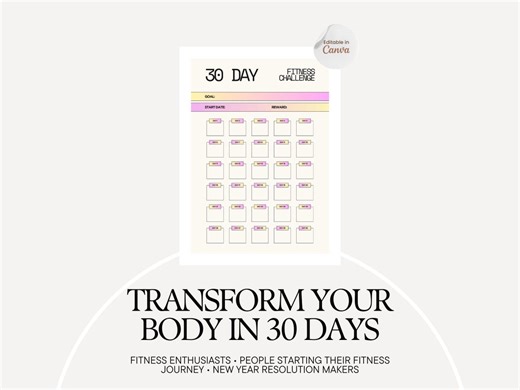 30-day Fitness Challenge Tracker | Daily Workout Log & Habit Tracker Canva Template PDF (printable) - Etsy