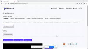 The widths (in meters) of a kidney-shaped swimming pool were measured at 2 -meter intervals as indicated in the figure. Use Simpson's Rule to estimate the area of the pool. | Numerade