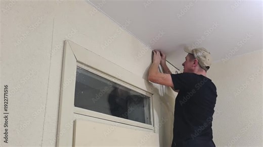 The video shows a man indoors attaching baseboards to a suspended ceiling. He works quietly, adjusting the baseboards and ensuring they are installed correctly.