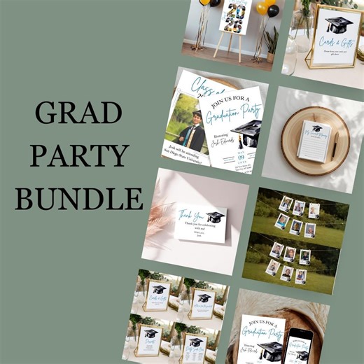 Graduation Invitation Bundle, Grad Party Decor Template Set, Signs, Welcome Sign, Thank You Tags & Invite, Editable Canva Download - Etsy