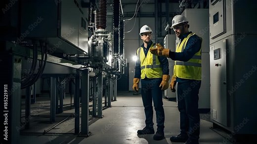 Two men in hard hats and safety vests inspect electrical equipment in a power substation aisle, maintenance and safety concept