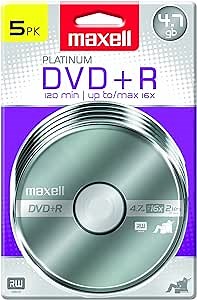Maxell – 639031, Platinum DVD+R - High Capacity Write-Once Discs for Videos & Digital Storage - 4.7GB Storage with 16X Write Speed Up To 120 Min, Exceptional Archival Life – Pack 5