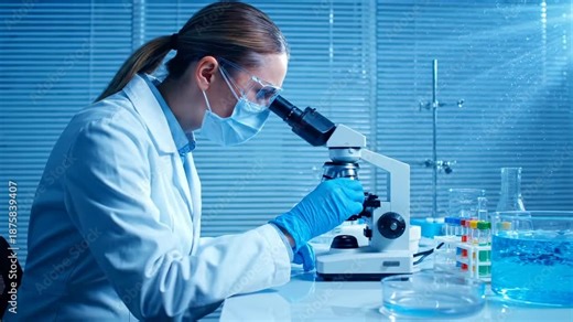 Scientist uses microscope in laboratory for research with sample analysis. Female researcher works with microscope examining samples. Scientist conducts research in lab using microscope.