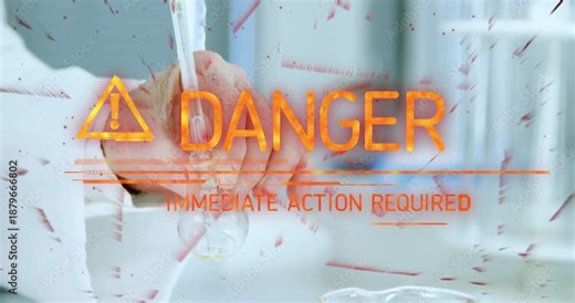 Sr chemist placing pipette above flask and adding liquid signaling DANGER overlay obscuring hand