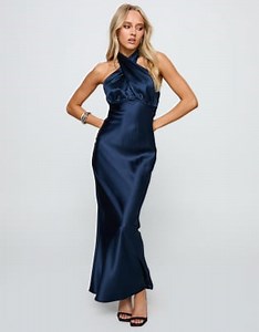 Princess Polly Rosaminta satin twist front halterneck open back tie detail maxi dress in navy | ASOS