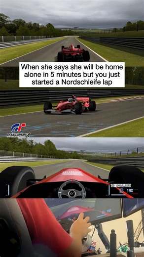 Nord.Lapping on Instagram: "When you have less than 5 minutes to finish a Nurburgring Nordschleife lap in Gran Turismo 4! Watch the full lap on my channel! Standard Formula Gran Turismo. Lap done on Career Mode. Standard Racing Tires Medium. No assists. Manual transmission. Car setup changes: - Brake balance: +3 Front, +3 Rear - All driving aids off. - Transmission: Adjust the auto set to 17. - Suspension: Spring rate (kgf/mm): 10, Front and Rear Ride Height (mm): 54 Front, 57 rear Shock Bound: 