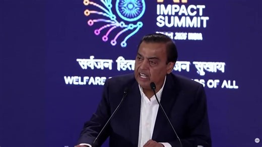 #WATCH | At the #IndiaAIImpactSummit2026 in Delhi, Chairman & Managing Director of Reliance Industries Limited, Mukesh Ambani, said that as our Prime Minister Narendra Modi said, India believes in this second future. India will emerge as one of the greatest AI powers in the world in the 21st century. My confidence is validated by an undeniable truth. In the coming decades, no country in the world can match India's strength in demography, democracy, development, digital infrastructure, data gener