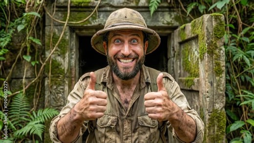 Excited archaeologist with beard in a pith helmet showing thumbs up at the entrance of an ancient mossy tomb.
