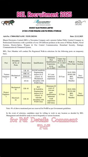 KA_JOB_UPDATES on Instagram: "🔥 BEL Recruitment 2025 – Walk-in Interview 🔥 🏢 Bharat Electronics Limited (BEL) 📍 Navi Mumbai Unit 🛡️ A Govt. of India Enterprise | Ministry of Defence 📌 Advertisement No: 170004/HR/NAMU/TEPE/2025/01 📅 Notification Date: 23-12-2025 🧑‍💻 Post Details 1️⃣ Trainee Engineer – I 🔧 Discipline: Mechanical 📊 Vacancies: 04 UR – 01 OBC – 01 EWS – 01 ST – 01 🎓 Qualification: BE / BTech / BSc Engineering (4-year course) in Mechanical ✔️ PASS Class 💼 Experience: 0 –