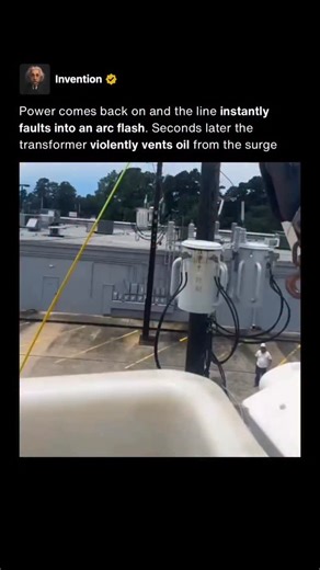 The moment the crew re energizes the line, the system immediately faults and an intense arc flash erupts near the pole top equipment. It’s the kind of failure that happens instantly, before anyone has time to react, because the grid dumps massive energy into whatever is shorted. Seconds later, the pole mounted transformer begins violently venting, blasting out a yellow mist of hot transformer oil. That spray happens when the internal fault rapidly heats the oil and creates extreme pressure, forc