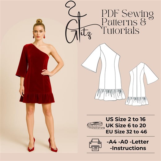 One Shoulder Mini Dress Sewing Pattern: Ruffled Hem (PDF Pattern) - Etsy Canada