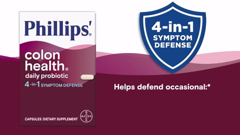 Phillips' Colon Health Daily Probiotic Capsules, 4-in-1 Symptom Defense to help defend against Occasional Gas, Bloating, Constipation, and Diarrhea, Daily Supplement, 60 Count