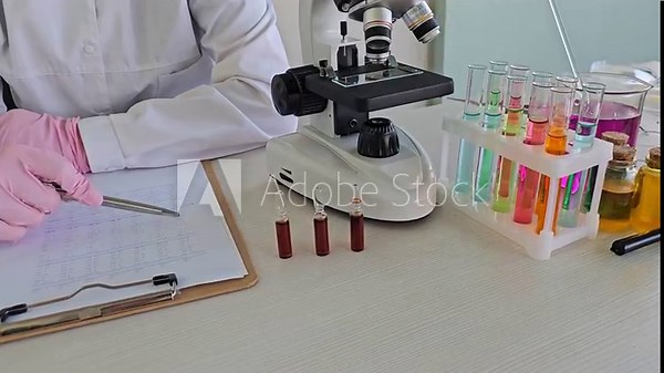 Exploring laboratory work with test tubes, microscope, and notes in a science setting