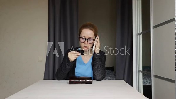 Bank theft, woman with smartphone talking to scammers, mobile payment security, credit card scam, finance transaction problem