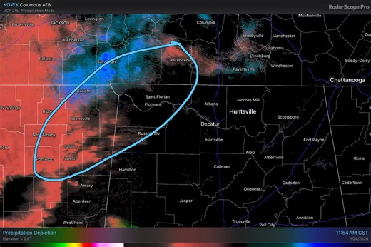 [1:04 PM] Much of the area continues to see a break from precipitation as road conditions slowly improve this afternoon. We will be keeping a close eye on NW AL as heavier freezing rain is forecast to move in soon. Hazardous travel will continue in the circled area. #HUNwx | US National Weather Service Huntsville Alabama