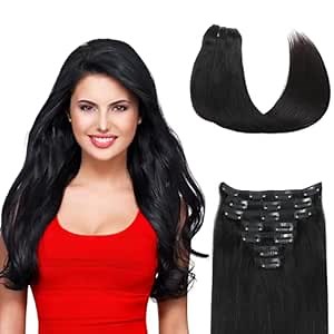 Clip In Human Hair Extensions - 100% Real Human Hair Clips for Women，7pcs 100g 18 Inch，Handmade Real Human Hair Extensions, Natural black, Straight