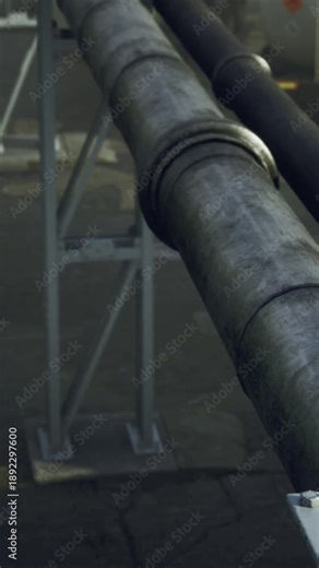 Closeup corroded pipe with clamp, bolted flange and welded seam showing textured corrosion and oil streaks, industrial yard reflected in puddles, weathered