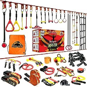 ARY'SLAND Obstacle Course for Kids - with 18 Accessories & Bag, Buzzer Button, Gymnastic Rings, Rope Ladder, Climbing Net and Plenty More - Sturdy 70’ Ninja Warrior Obstacle Course for Kids