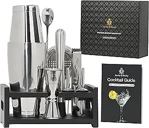 Hawke & Hanley Premium Boston Cocktail Shaker Set Bartender Kit - 12 Piece Mixology Bar Set with Weighted Boston Shaker, Bar Tools and a Black Bamboo Stand | Housewarming Gift Ideas