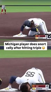 3.3K reactions · 994 shares | ⚾️ Michigan player hits a triple… then ‘snorts’ the third base line! Wildest celly of the year?! #MichiganBaseball #GoBlue #BaseballLife | Stephen Michael Mannina | Facebook