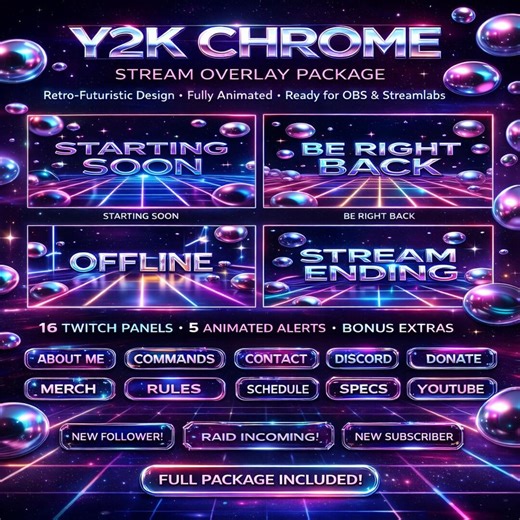 Y2K Chrome Stream-overlay voor Twitch | Geanimeerde holografische retroschermen Waarschuwingspanelen - Etsy Nederland
