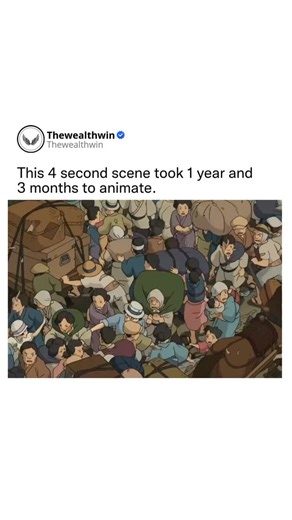 Money | Business | finance on Instagram: "Hayao Miyazaki insisted this 4-second crowd scene in The Wind Rises be drawn the old-school way — with no CGI, no shortcuts. Animator Eiji Yamamori spent 15 months hand-drawing every frame, crafting 96 unique images at 24 fps to bring that brief moment to life. ￼ Each person in the crowd moves with intention. Every gesture, every body language cue — all were individually animated to give the scene a sense of real human motion and purpose. ￼ It’s a remind
