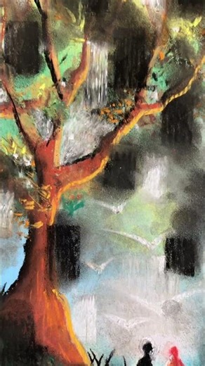 You and me on the lonely island - landscape abstract painting in chalk pastel / lovely art